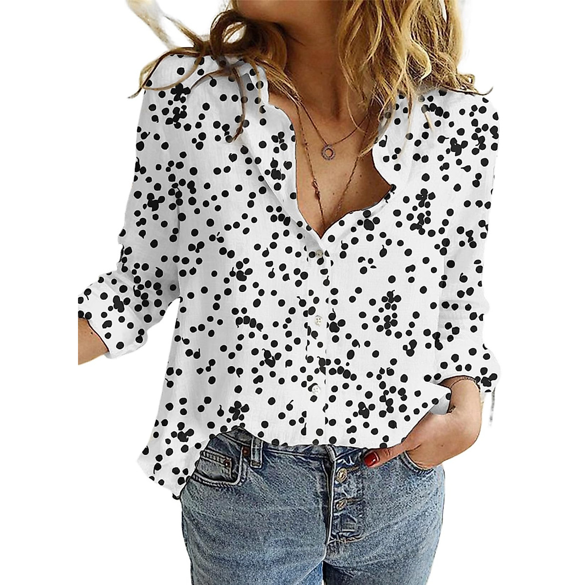 Dokotoo Womens Work Business Chiffon Button Down Blouses and Tops Loose Fit Dressy Alicia Floral Print V Neck Long Sleeve Shirts for Women Office Boho Top Trendy White Large