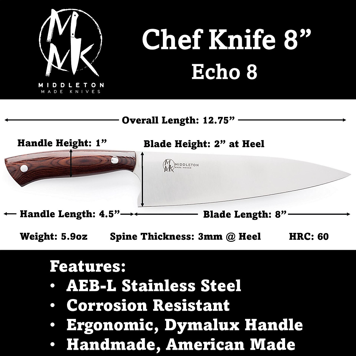 Middleton Made Knives Echo 8 Inch Chef Knife - Handmade Professional Chef Knife - Chefs Knife Made with AEB-L Stainless Steel - USA Made Knife - Great Chef Gifts - Blue