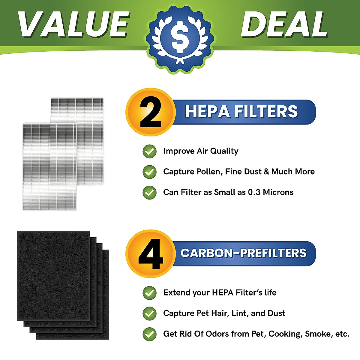 GOFIL 2 Pack Replacement Filters Include 2 HEPA & 4 Carbon Pre-filters Compatible with Air Purifier Model HPA200 series, HPA204, HPA250, and HPA5200, HRF-R2