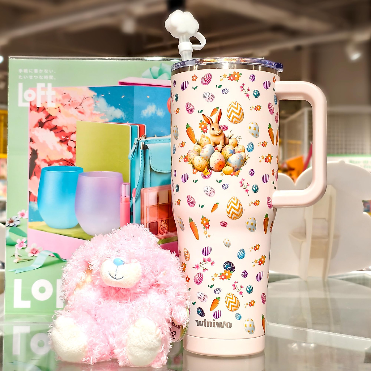 winiwo 40 oz Easter Tumbler with Handle and Straw, Easter Gifts for Kids, Rabbits Lover, Bunny Insulated Tumbler for Hiding Candy Chocolate Eggs, Stainless Steel, Available Gift Wrapping (Pink)