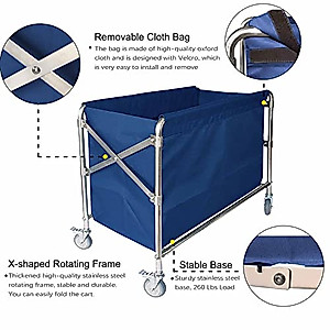 Collapsible X Rolling Laundry Cart ,Commercial Industrial Home Laundry Hampers with Wheels,Foldable Large Laundry Basket with stainless steel frame and removable oxford bag ,260 Lbs Load