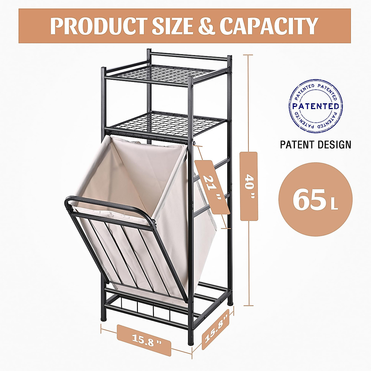PLKOW Tilt Out Laundry Hamper with Shelf, Laundry Basket Laundry Hamper Cabinet with Removable Liner Bag, 65 Liter, 15.8L x 15.8W x 40H Inch