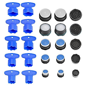 hoeslaw 25 Pcs Kitchen Faucet Aerator, Replacement Inserts for Sink Tap Flow Restrictor, Efficient 15 Cache Aerators with 10 Key Removal Wrench Tool for Bathroom Kitchen (M16.5 18.5 21.5 22.5 24 mm)