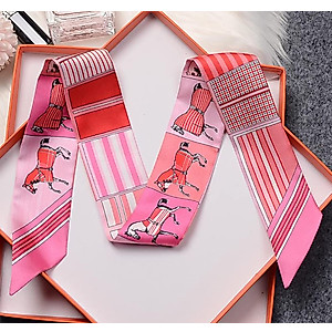 JERLA 100% Mulberry silk Scarf Bag scarf Head Hair Ribbon Handbag Handle wrap Tie Bundle Scarf Neckerchief Scarf for women (Horse pink)