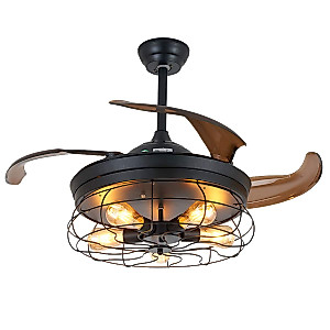 OUKANING Ceiling Fan with Light Industrial Ceiling Fan Retractable Blades Vintage Cage Chandelier Fan with Remote Control-5 Edison Bulbs Needed Not Included (36 Inch)