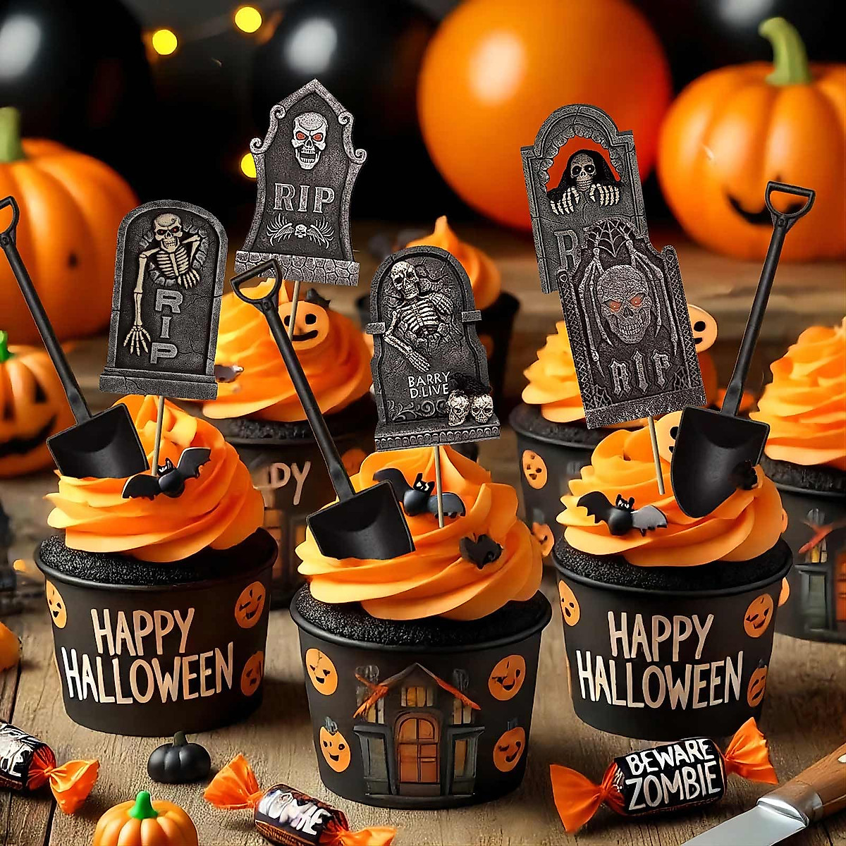 INACORN 48PCS Halloween Cupcake Toppers - Halloween Cake Decorations & Halloween Birthday Party Decorations - Graveyard Tombstone Cupcake Toppers with Novelty Mini Shovel Spoons