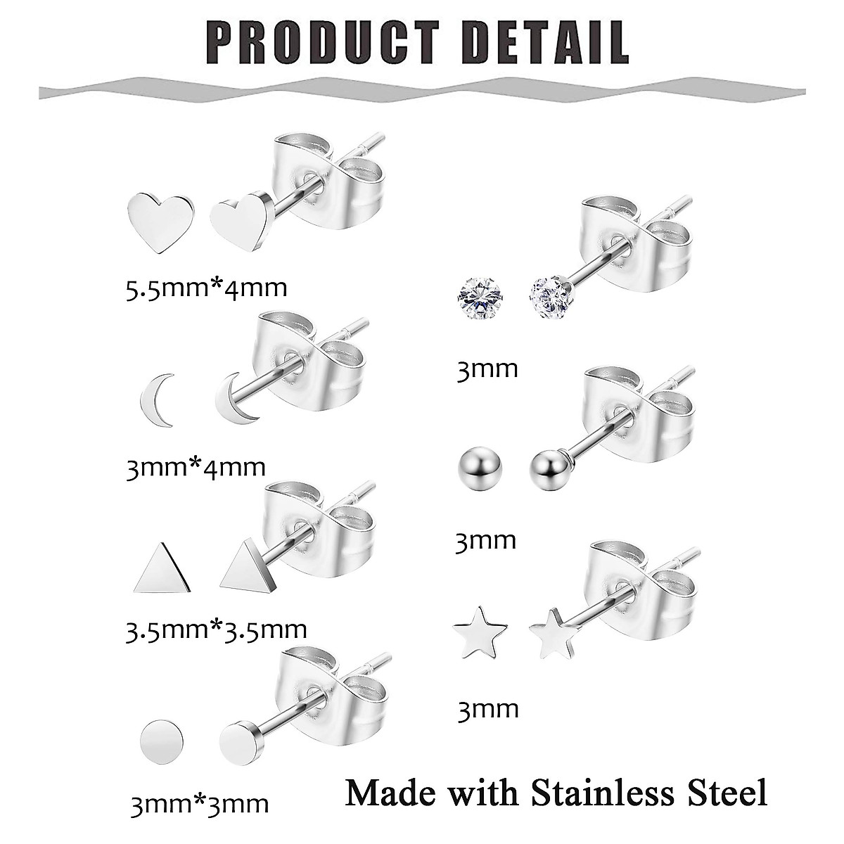 Sllaiss 7 Pairs Tiny Geometric Stud Earrings Set Stainless Steel CZ Ball Heart Star Cartilage Earrings Studs for Women Helix Ear Piercing Set With Gift Box