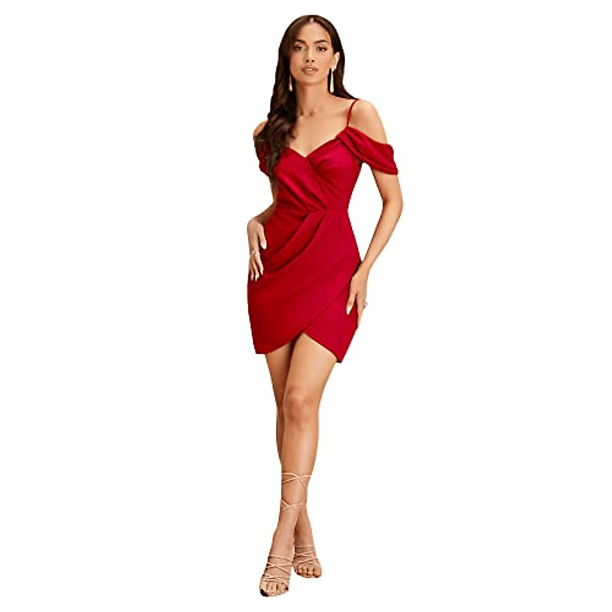 SweatyRocks Women's Elegant Short Sleeve Cold Shoulder Dress Wrap Bodycon Mini Dresses Red S
