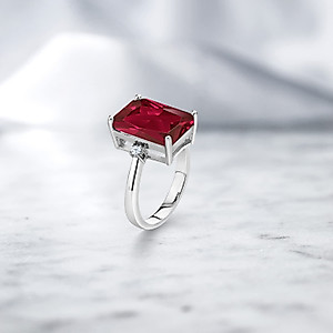 Gem Stone King 925 Sterling Silver Red Created Ruby Ring For Women (5.06 Cttw, Emerald Cut 14x10MM, Gemstone July Birthstone, Available In Size 5, 6, 7, 8, 9)