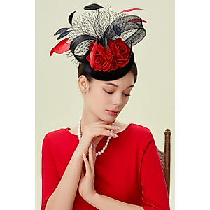 BABEYOND Fascinator Hat Feather Fascinators Hair Clip Tea Party Pillbox Derby Hat Bridal Wedding Veil Black Red