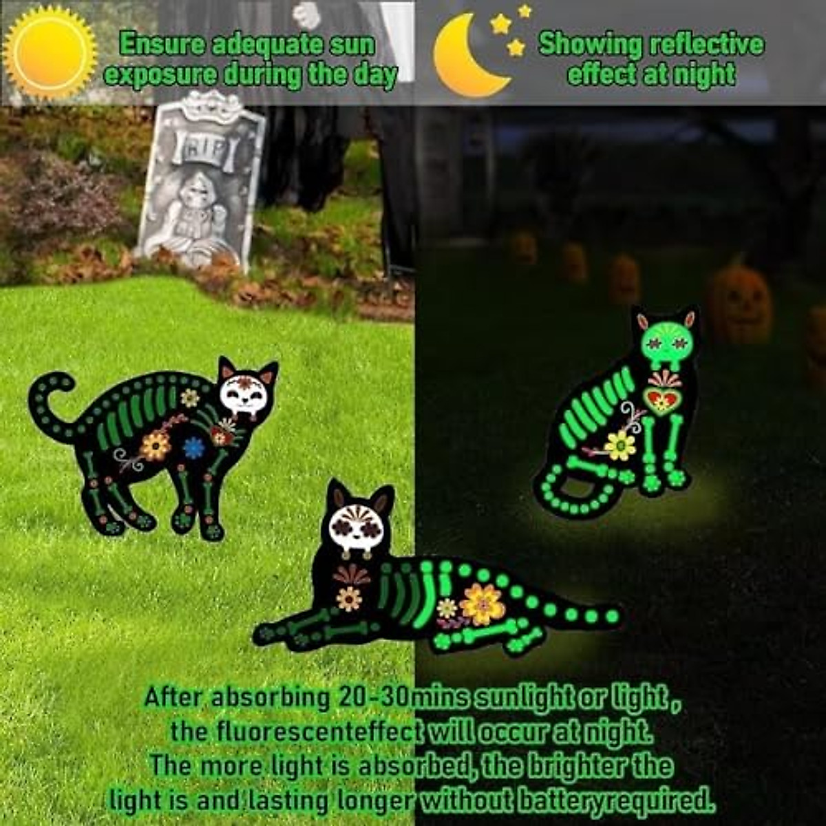 Halloween Decorations Outdoor Yard Signs, 5 Pcs Glow in the Dark Skeleton Cat, Halloween Yard Signs with Stakes for Lawn Garden Front Yard Decorations - Halloween Decor Outside