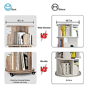 Nidouillet Rotating Bookshelf, 4 Tier Revolving Bookcase with Brake Wheels 360° Display Round Bookshelf Narrow Swivel Corner Book Shelf Standing Bookcase Adult Bedroom, Living Room - Oak Grey