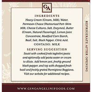 Gino Angelini Pasta Sauce - LIMONE, Lemon, Cream, & Parmigiano, 15 ounce, Pack of 2