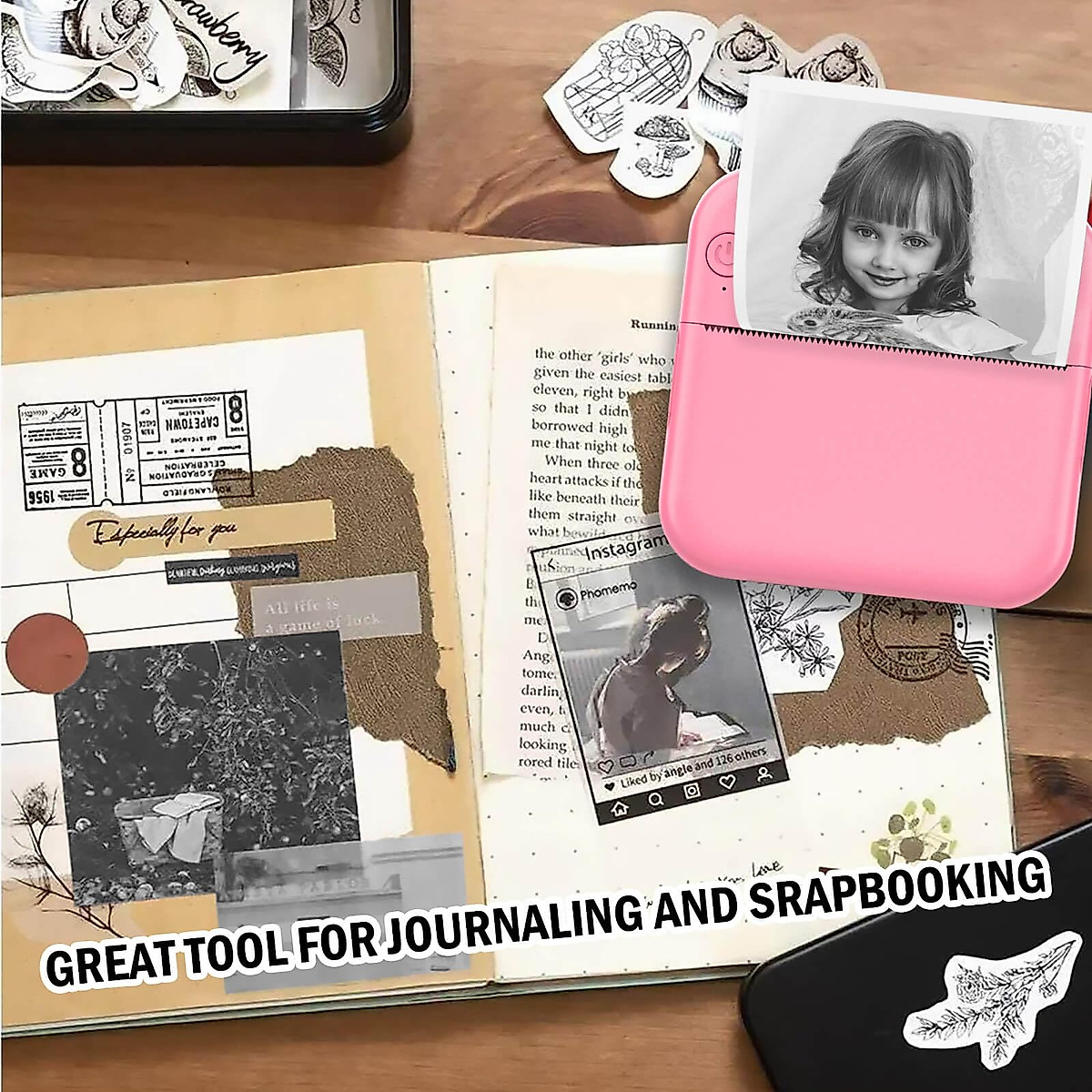 HUIJUTCHEN Inkless Mini Thermal Pocket Printer, Wireless Mini Sticker Printer with 10 Rolls Thermal Paper for iOS&Android, Portable Mini Photo Printer for Notes Journal Memo Photo Study, Pink