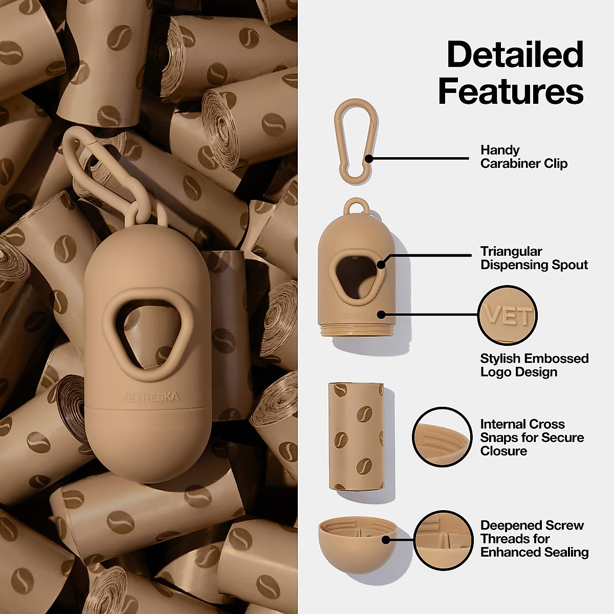 VETRESKA Dog Waste Bag Dispenser with Coffee Scent - Leak Proof, Extra Thick Pet Waste Bags - 1 Bag Holder, 105 Bags (7 Refill Rolls) for Dogs and Cats