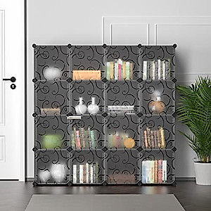 16 Cubby Clothes Storage Shelves, Cube Plastic Closet Organizer with Doors, 12" × 12" Modular , Portable Closet Wardrobe for Bedroom, Home, Black (4 × 4 Cubes)