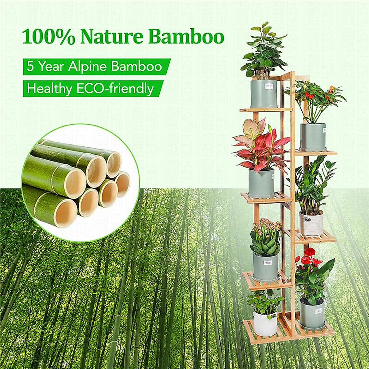 Gar-Life Bamboo Plant Stand Rack 6 Tier 7 Potted Indoor&Outdoor Multiple Stand Holder Shelf Rack Planter Display for Patio Garden, Living Room, Corner Balcony and Bedroom (7 Flowerpots)