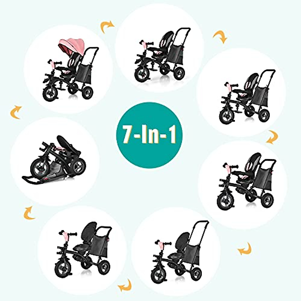 BABY JOY Toddler Tricycle, 7 in 1 Folding Steer Trike w/Rotatable Seat, Adjustable Canopy, Push Handle, Guardrail, Safety Harness, Brakes, Cup Holder & Storage, Tricycle for Toddlers Ages 1.5-5 (Pink)