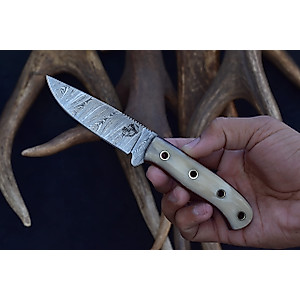 Knives Ranch Handmade Damascus Steel Knife Full Tang Quad Lanyard Hole Knife Cattle Bone Handle Heavy Duty 45 Degree Pancake Sheath Snug Fit (3112-B)