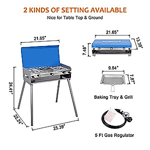 Camplux Propane Camping Stove 2 Burners & 1 Grill, Portable Outdoor Gas Stove, Auto-Ignition Camping Stove with Regulator, Total Power at 15,000 BTU
