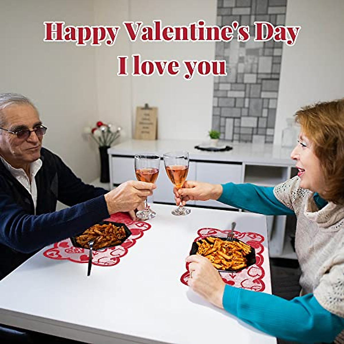 Valentines Day Decorations Table Runner with 4 Placemats, 13 x 72 Inch Red Rose Romantic Lace Table Mats Set for Valentine's Day Wedding Anniversary Party Supplies Home Table Dinner Decor