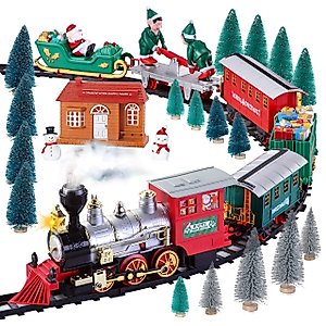 JOYIN Christmas Train Set with Real Smoke, Battery Operated Electric Train Set Including Steam Locomotive Engine, Passenger Car, Gift Car, 2 Xmas Elves, 1 Santa Santa and More! Best Xmas Train Gifts