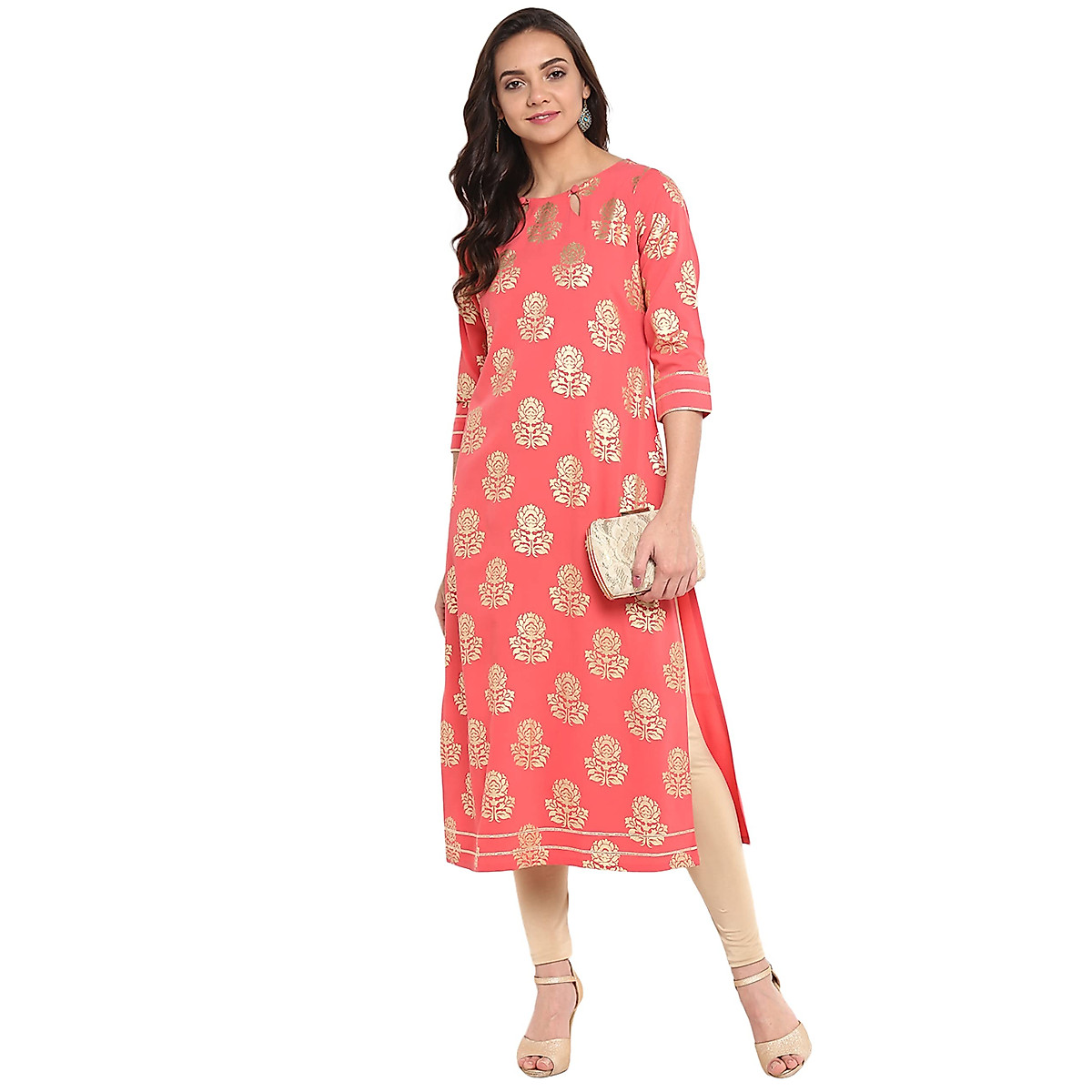Janasya Indian Women's Tunic Tops Crepe Kurti for Women(JNE3261-KR-XL) Peach