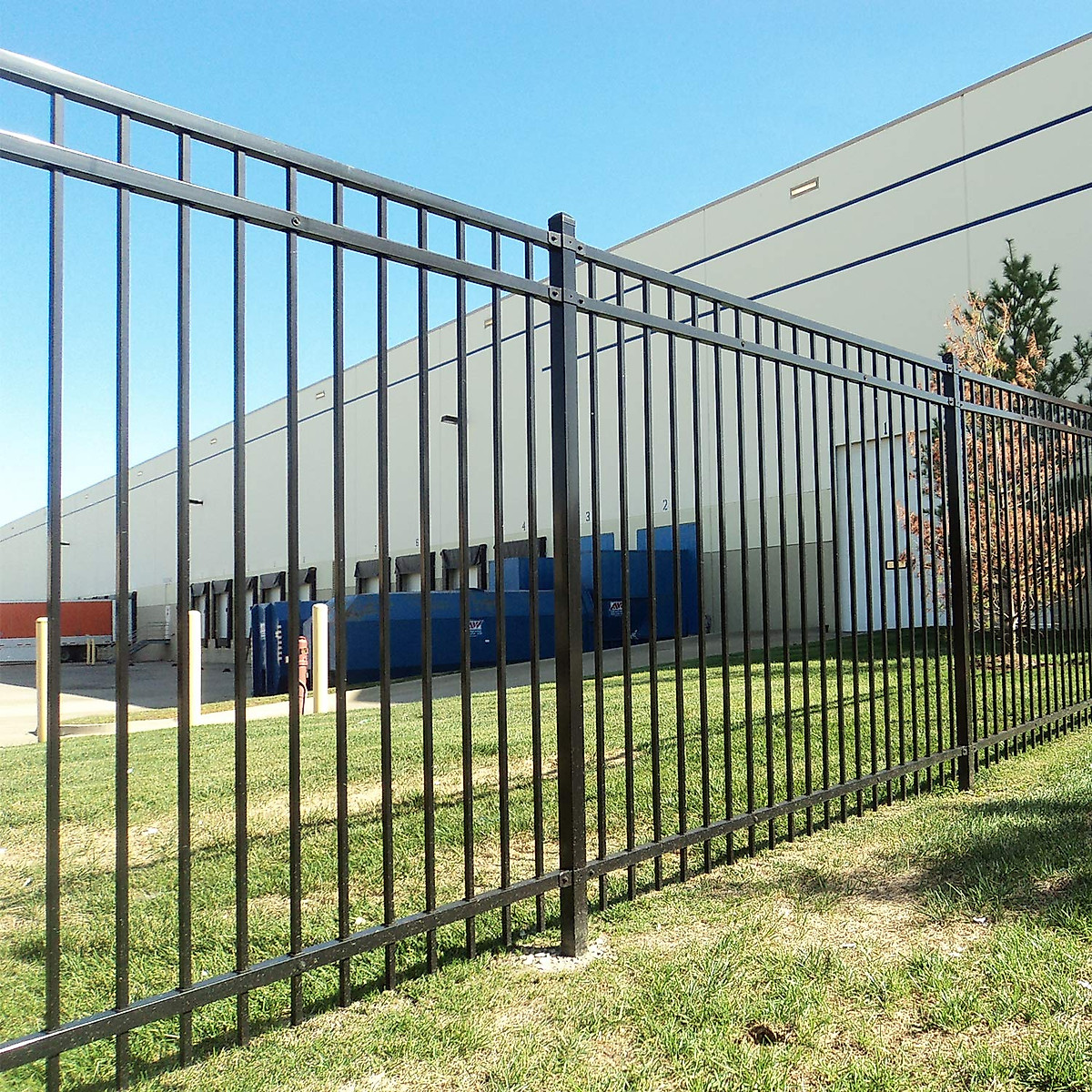 XCEL - Black Steel Anti-Rust Fence Panel - Flat End Picket - 6.5ft W x 5ft H - Easy Installation Kit, Outdoor Residential Fencing for Yard, Garden, Concrete, 3-Rail Metal Fence, include a Fence Post