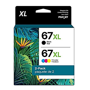PCMJET Remanufactured 67XL Ink Cartridges Combo Pack Replacement for 67 XL for HP Envy 6055e 6055 6052 6075 Envy Pro 6455e 6455 6475 6452 6458 DeskJet 4155 2755e 2755 4052 (1 Black, 1 Tri-Color)