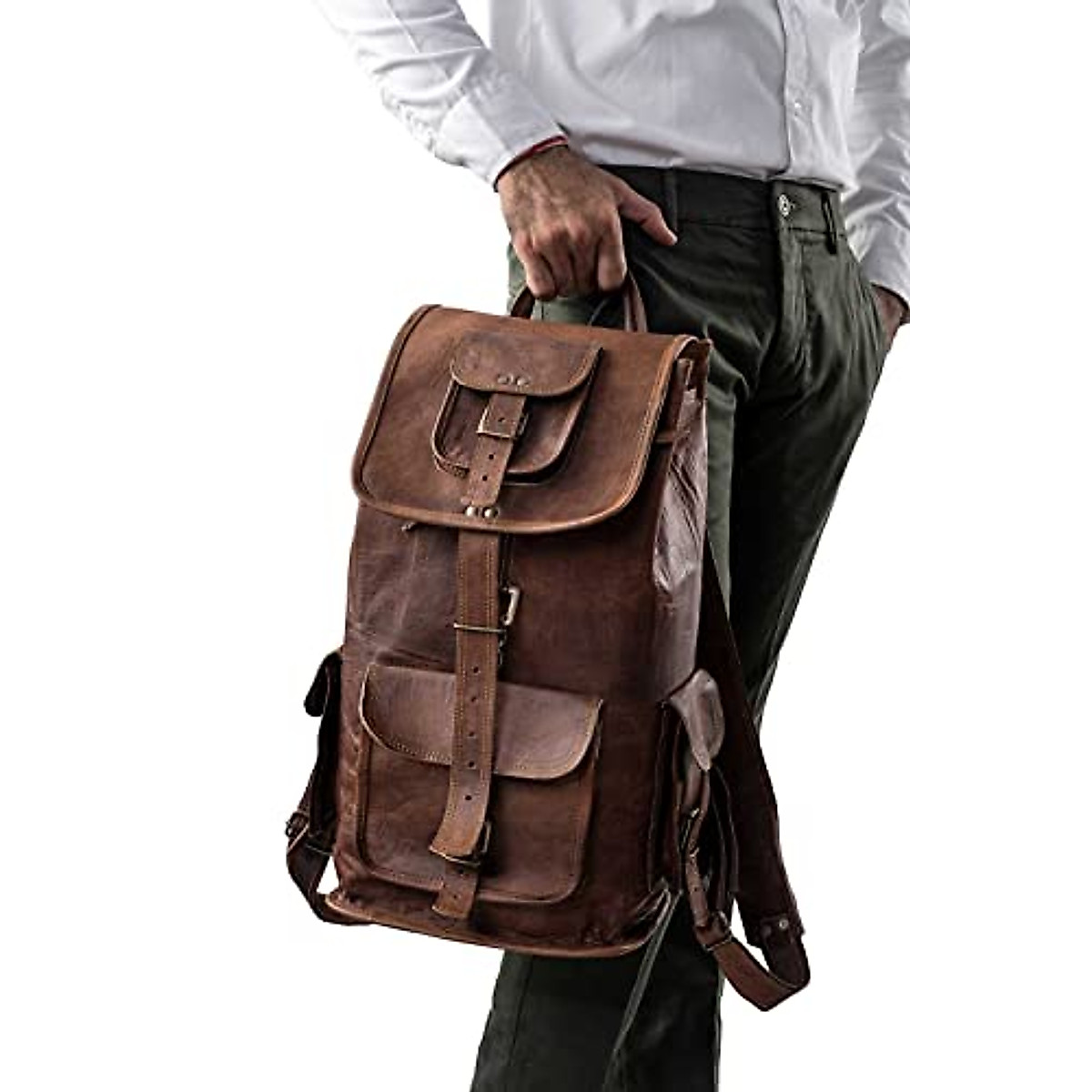 PARRYS LEATHER WORLD Handmade Western 100% Genuine Leather Backpack | Laptop Bag, Vintage Full Grain Casual Hiking Campaign Daypack For Men & Women Travel Bag (17")