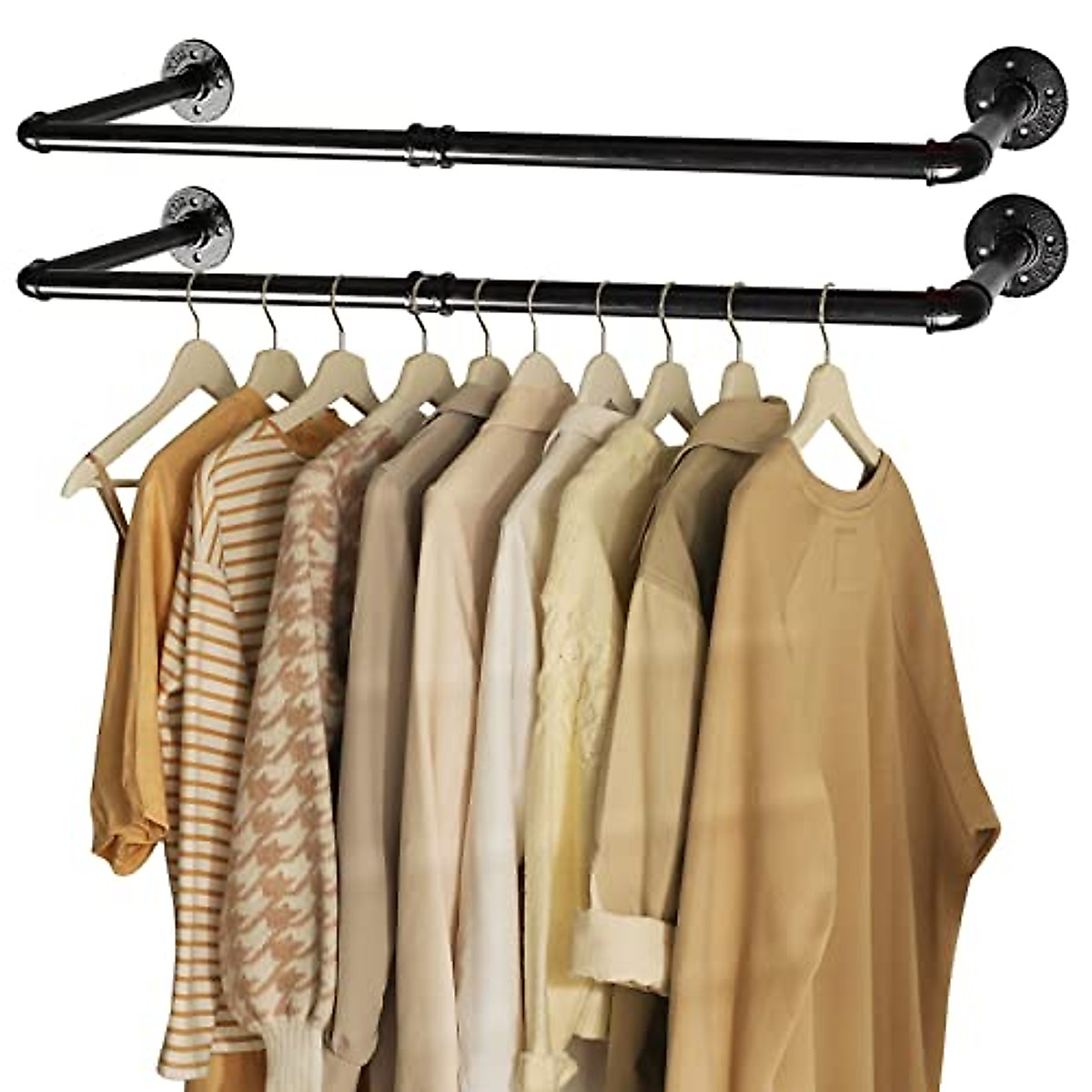 AOKLIT 2 Pack Clothes Rack 36.2 Inch Industrial Pipe Wall Mounted Closet Rod, Space-Saving Clothing Rack, Heavy Duty Detachable Garment Rack, Multi-Purpose Closet Rods For Hanging Clothes 2 Base