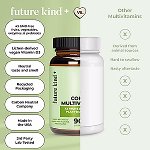 Future Kind Vegan Multivitamins Complete - 42-in-1 Vegan Multivitamins for Women & Men with Enzymes, B12, Zinc, & Probiotics for Digestion (90 tabs in Recycled Bottle)