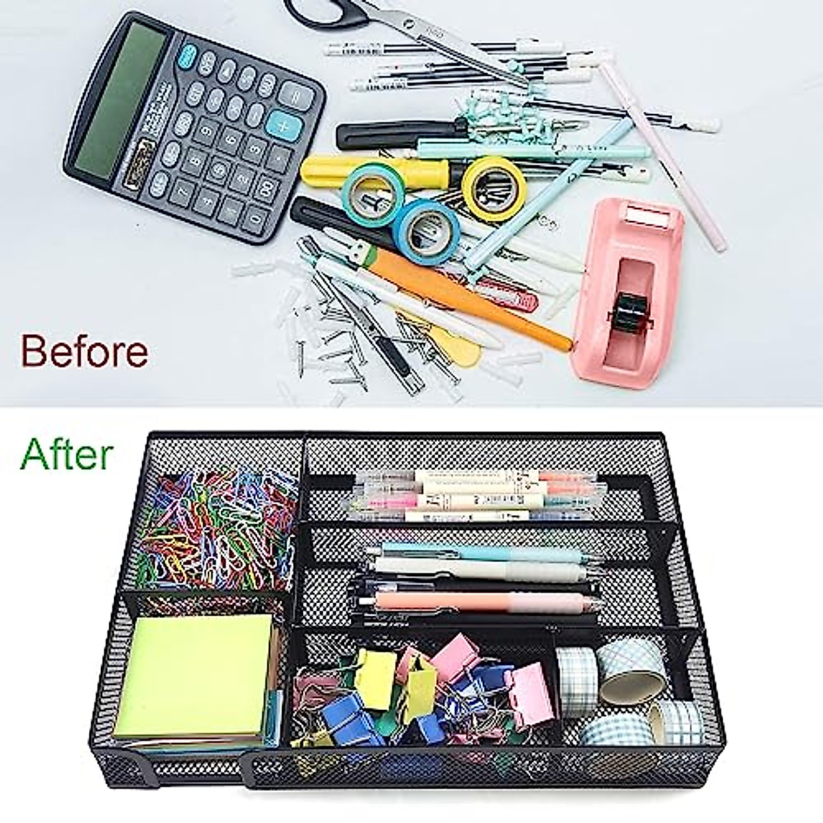 ROSROSE Desk Drawer Organizer Tray, Metal Mesh Drawer Organizer Office w/6 Compartment, Multi-use Desk Organizer Tray Storage for Home Office School Supply, Desktop, 12.6 x 8.7 x1.8in, Black-2 Pack