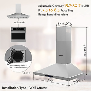 FIREGAS Range Hood 30 inch Wall Mount,450 CFM Ducted/Ductless Range Hood with Stainless Steel,Stove Hood Vent for Kitchen with 3 Speed Fan,Permanent Filters,Led Lights,Digital Touch,Charcoal Filter