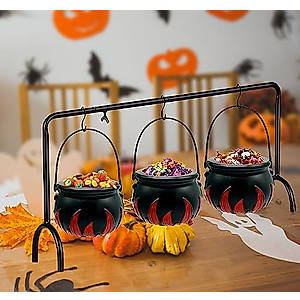 Ahzemepinyo Halloween Witches Cauldron Serving Bowls with Hangers On the Rack 3 Pieces Black Plastic Candy Bucket Cauldron with Cauldron Rack Hanging Stand for Halloween Party Decorations