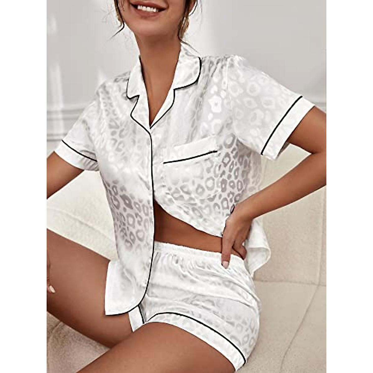 Romwe Women's 2 Piece Satin Pajama Set Short Sleeve Button Down Shirt and Shorts Sleepwear Leopard White XL