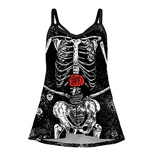 Eciodci Women's Halloween Horror Loose Tank Top Shirts 3D Print Rose Skeleton V Neck Sleeveless Tank Tops
