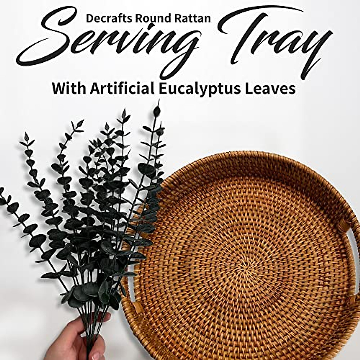 Rattan Tray, Wicker Tray, Rattan Decor, Round Tray, Serving Tray, Decorative Tray, Ottoman Tray, Coffee Table Tray, Includes Eucalyptus Leaves with Stems of 18",Wooden Tray (11.8" x 2.4 ")