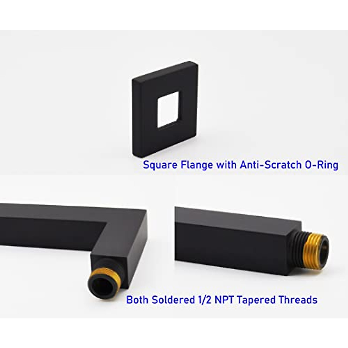 Aquaiaw Square Shower Arm and Anti-Scratch O-Ring Flange, 16 inch, Solid Brass, Soldered 90 Degree Drop, Both Soldered 1/2 NPT Tapered Threads, Wall Rain Shower Head Extension Arm (Matte Black)