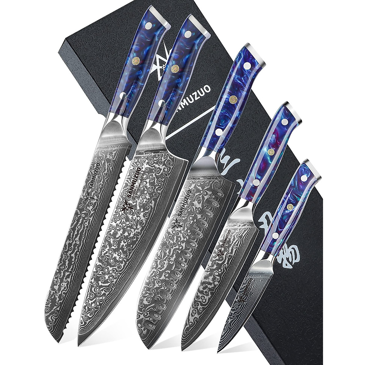 SANMUZUO Chef Cooking Knives Set- Kitchen Knife Set of 5 Piece - Ultra-Sharp VG10 Damascus Steel & Resin Handle - Xuan Series (Sapphire Blue)