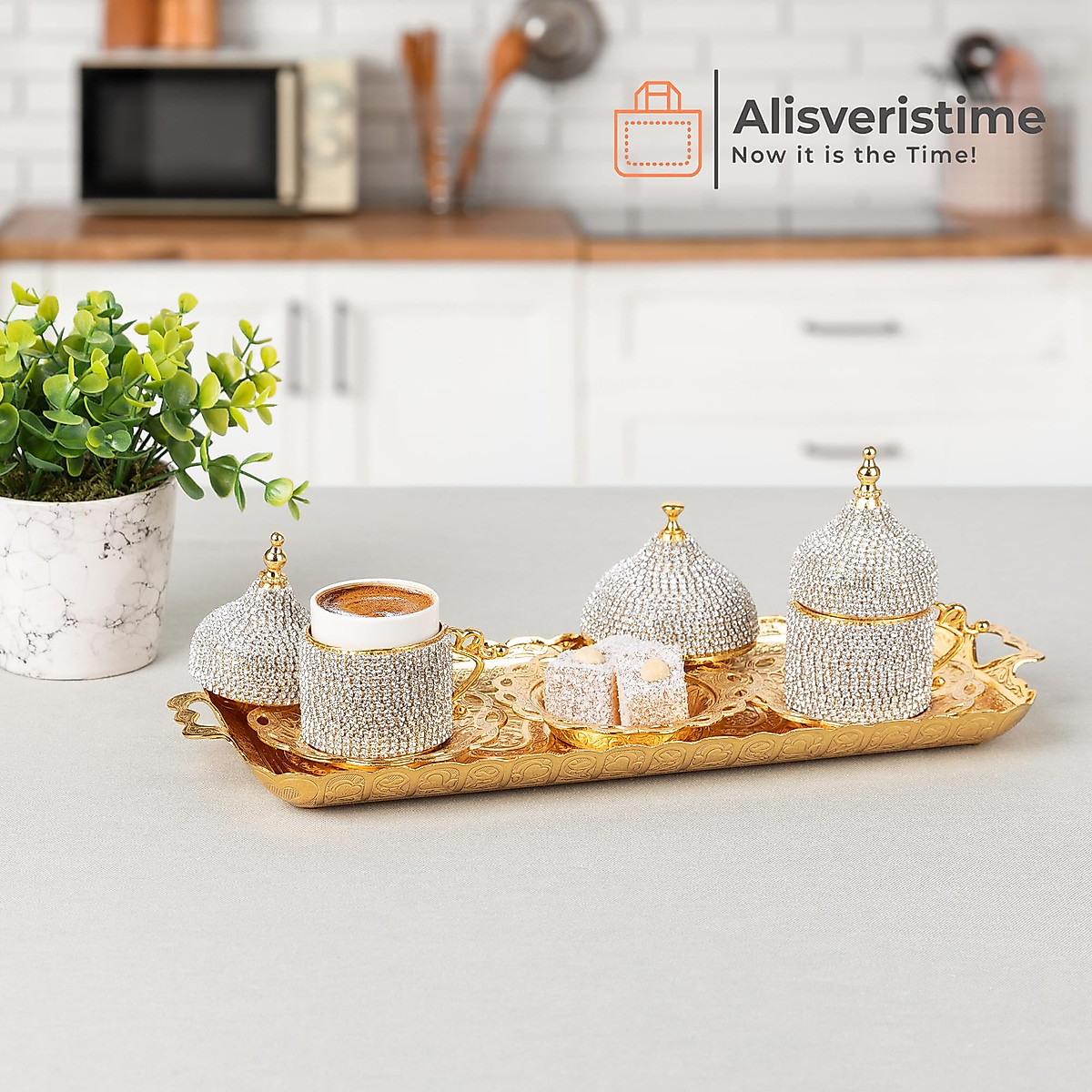 Alisveristime Ottoman Turkish Greek Arabic Espresso Coffee Cups with Saucer and Lid (Crystal Set) (Set of 2) (Gold)