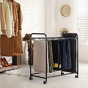 Pants Hanger Rolling Pants Trolley Pant Rack with 20 Hangers and Side Bag Multifunctional Closet Organizer for Jeans Scarf Skirts Trouser Blanket, Black