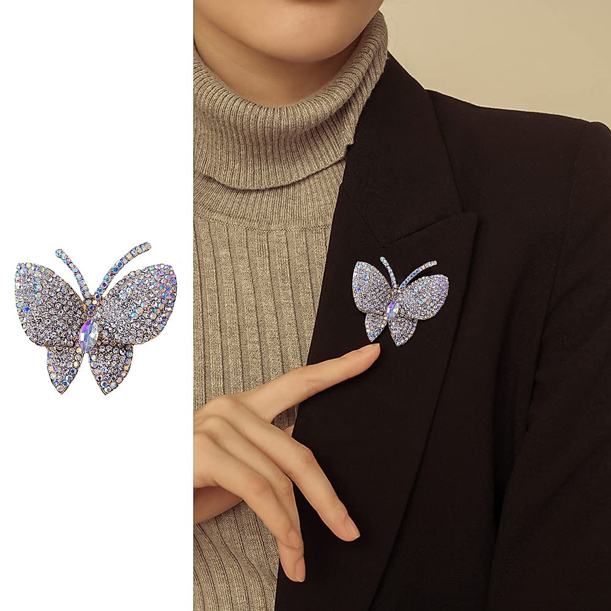 Black Butterfly Rhinestone Brooch Pin for Women Girl Men Exaggerated AB Crystal Cluster Fashion Cartoon Animal Lapel Pins Dress Accessories Unisex Delicacy Birthday Christmas Party Jewelry Gift,