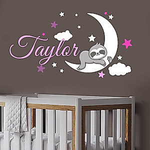 waldo Custom Name Sloth Moon Stars Nursery Wall Decal - WM45. Removable Nursery Wall Decal for Baby Room - Mural Wall Decal for Kids