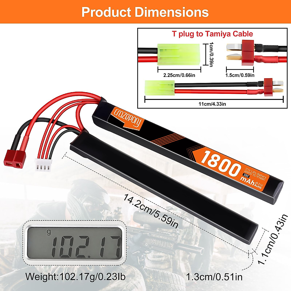 Crazepony Airsoft Battery 11.1V Rechargeable 3S LiPo 1800mAh 30C Nunchuck Split Pack Battery with Deans T Plug to Mini Tamiya Cable for Airsoft Model Guns Rifle