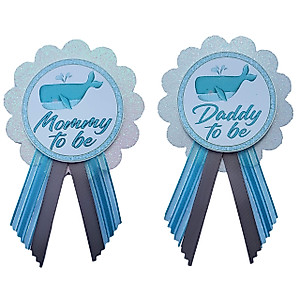 2 Mommy & Daddy to Be Pin Whale Ocean Baby Shower It's a Boy for parents to wear, Blue & White Sprinkle