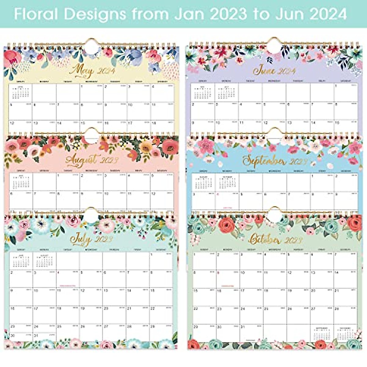 2023-2024 Wall Calendar - 18 Monthly Calendar 2023-2024, February 2023 - June 2024, 11" x 8.5", Twin-Wire Binding + Hanging Hook + Thick Paper + Unruled Blocks with Julian Dates - Floral