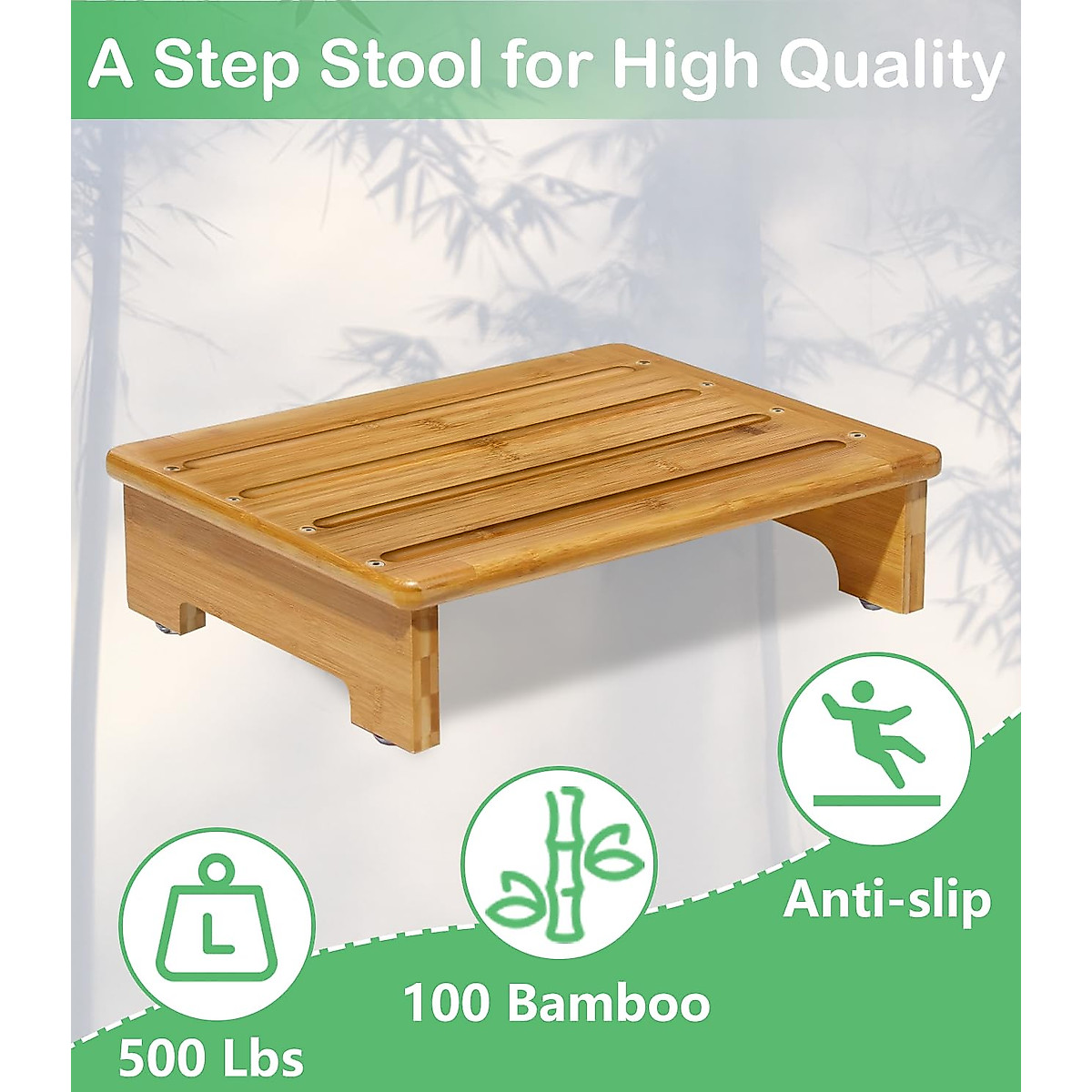 Bamboo Safety Stool Wood One Step Stool Mobility Half Step Stool Stepping Stool Foot Stool Natural Color with Solid Wood for Stairs Bed Kitchen Bathroom Cars for Adults Seniors and Kids Training