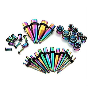 Kjiasiw 36PCS Ear Gauge Stretching Kit Stainless Steel Tapers and Plugs Set Eyelet 14G-00G Body Piercing Jewelry (Rainbow)
