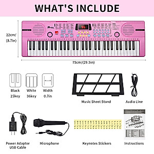 24HOCL 61 Keys Keyboard Piano, Kids Piano Keyboard with UL Adapter, Stand, Built-In Speaker, Mic, Portable Electronic Keyboard for Boys, Girls, Beginners Birthday Holidays Best Gifts